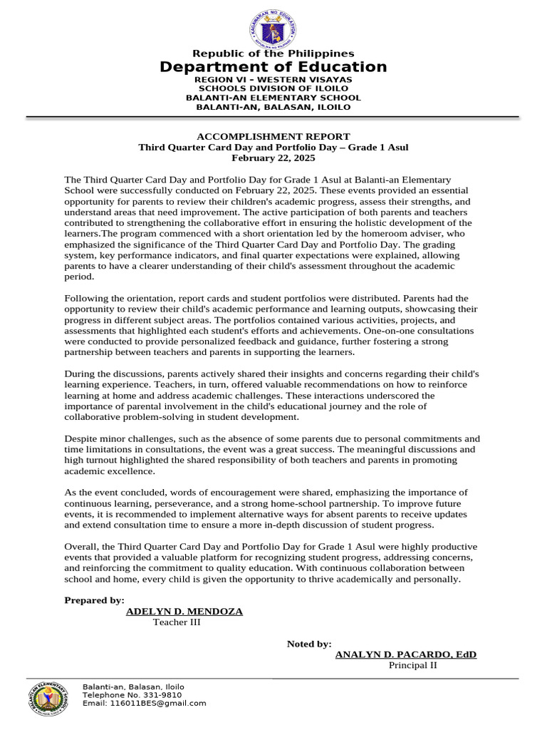 Third Quarter Card Day Accomplishment Report | PDF | Teachers ...