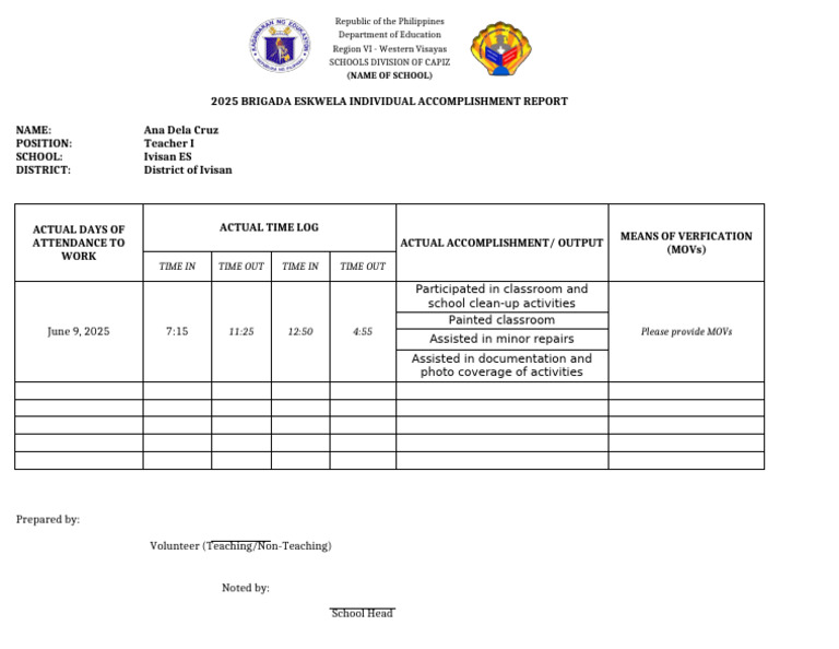 2025 Brigada Eskwela Individual Accomplishment Report | PDF