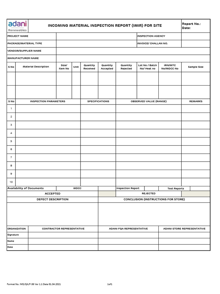 IMIR - For Site Incoming Materials Inspection Report-R01 | PDF