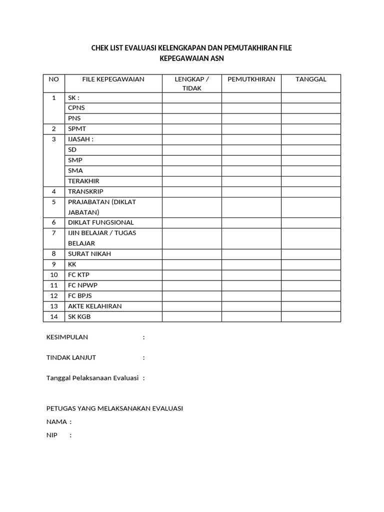 Cheklist Evaluasi Kelengkapan Dan Pemutakhiran File | PDF
