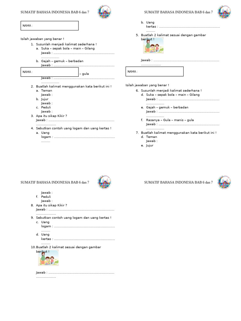Soal Sumatif BAHASA INDONESIA BAB 6 Dan 7 Kelas 1 SD | PDF