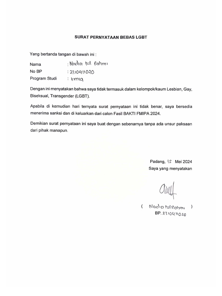 Surat Pernyataan Bebas Lgbt | PDF