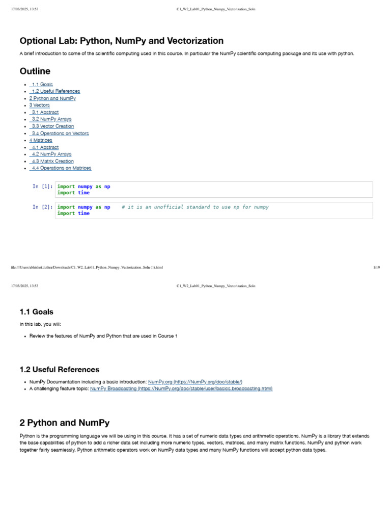 C1 W2 Lab01 Python Numpy Vectorization Soln | PDF | Matrix (Mathematics) | Mathematics
