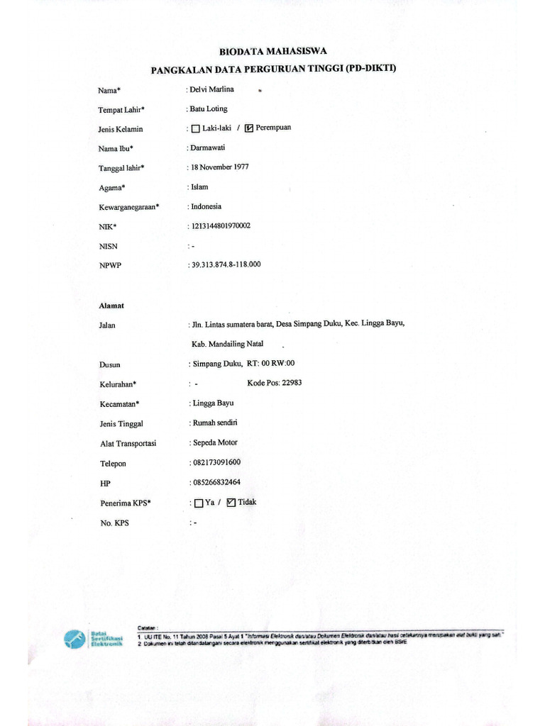 Biodata Delvi Marlina | PDF