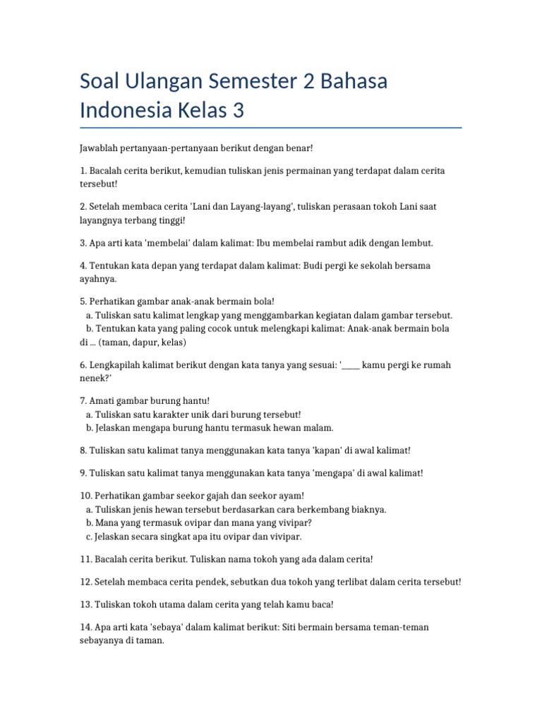 Soal Ulangan Bahasa Indonesia Kelas 3 | PDF