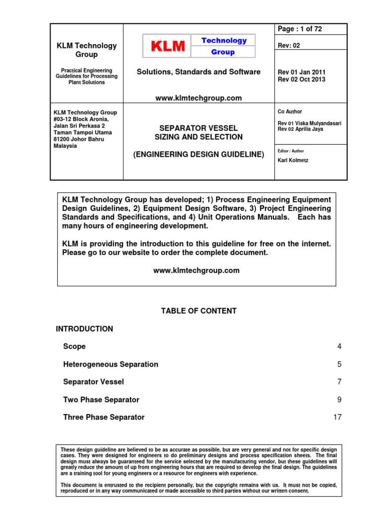ENGINEERING DESIGN GUIDELINES Separator Vessel Sizing and Selection Rev Web | PDF | Mixture ...