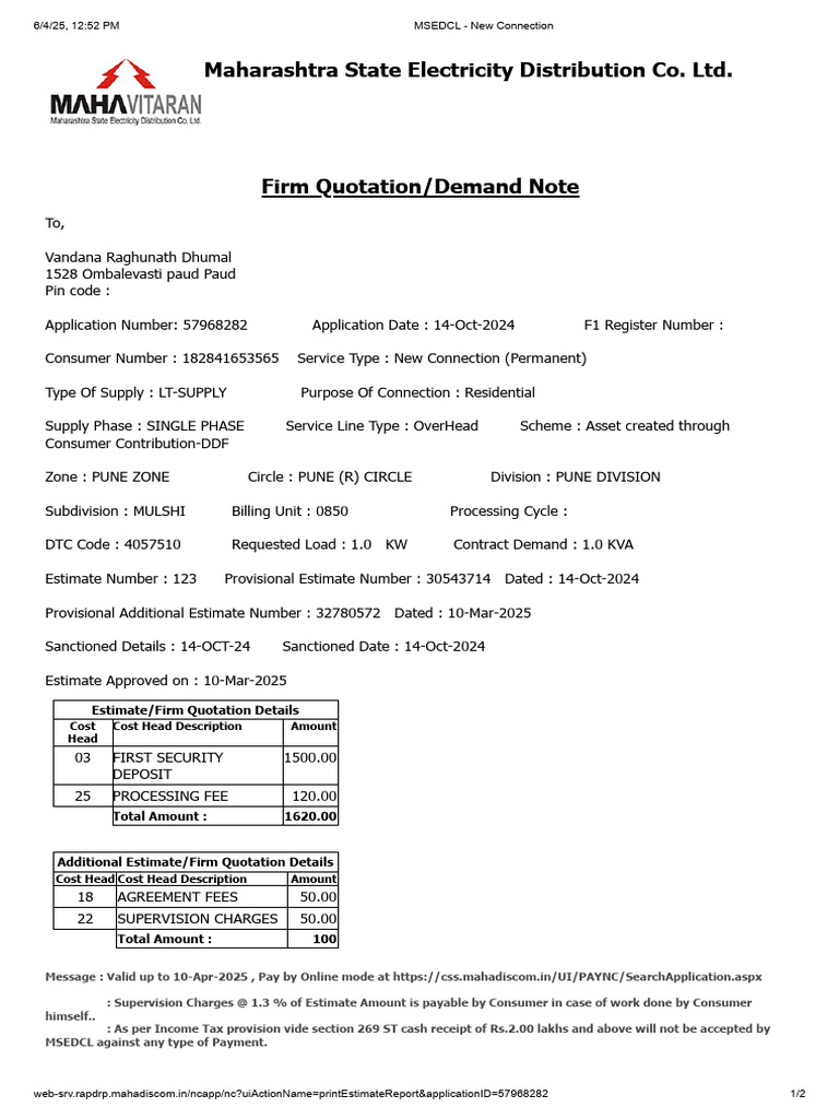 Dhumal MSEDCL - New Connection | PDF | Government Finances | Taxes