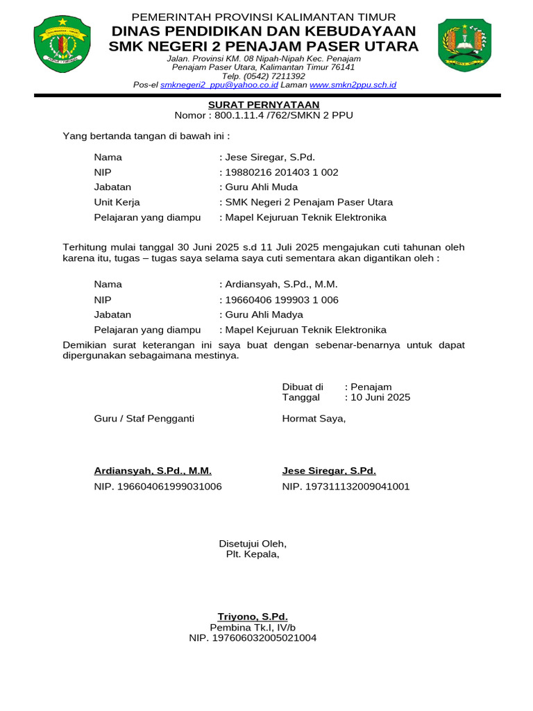 Surat Pernyataan Guru Pengganti 2024 | PDF