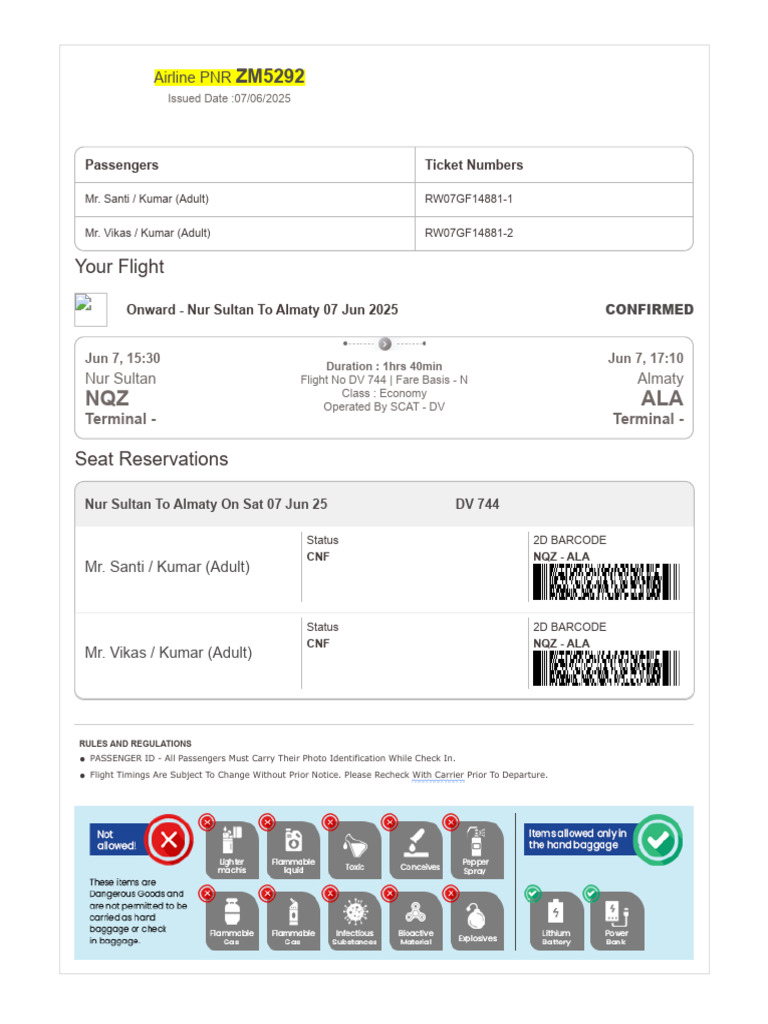 Flight Confirmation for ZM5292: NQZ to ALA | PDF