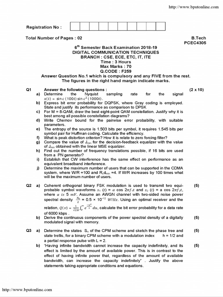 Btech All 6 Sem Digital Communication Techniques Pcec4305 2019 | PDF