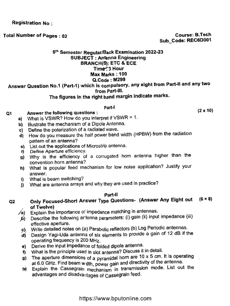 Btech Etc and Ece 6 Sem Antenna Engineering Rec6d001 2023 | PDF