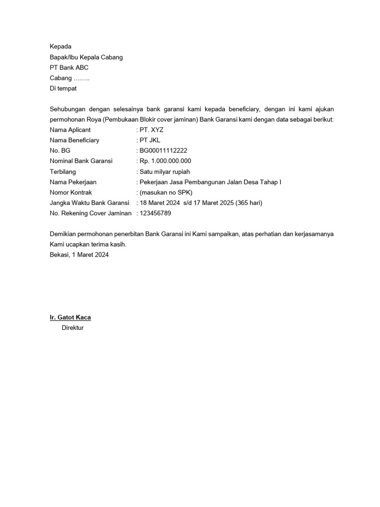 Contoh Permohonan Pembukaan Blokir Cover BG (Roya) | PDF