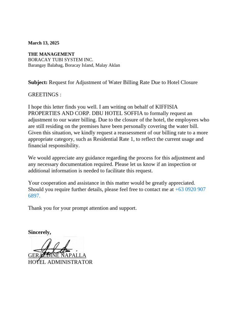 Boracay Tubi Letter To Residential Rate 1 | PDF