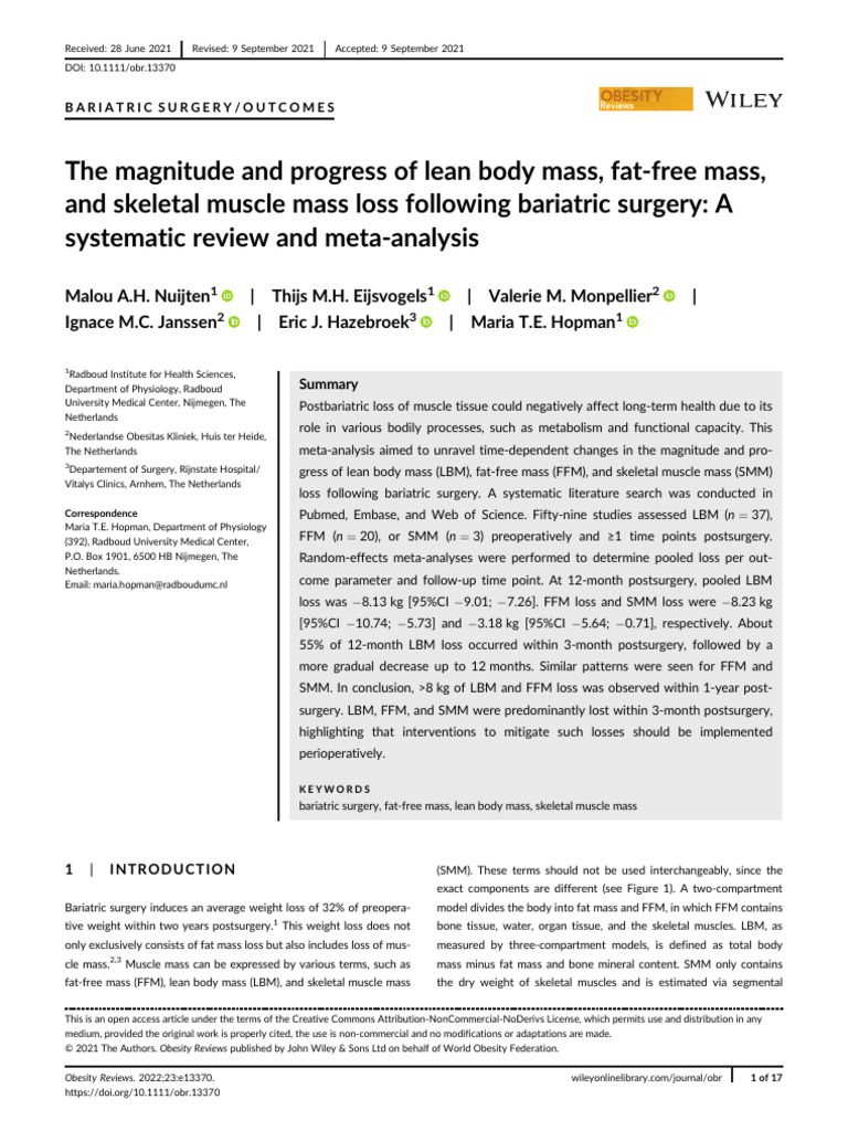The Magnitude and Progress of Lean Body Mass, Fat-Free Mass, and ...