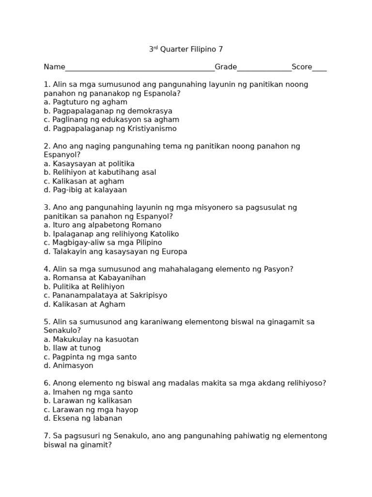 Grade 7 Filipino q3 Exam | PDF