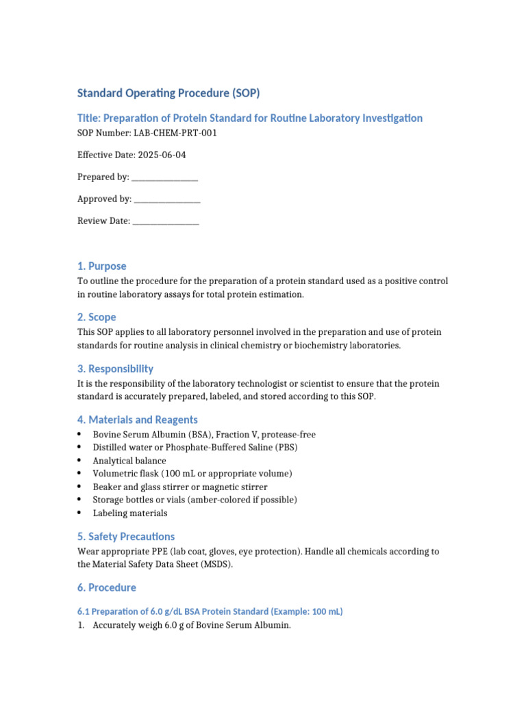 BSA Protein Standard Preparation SOP | PDF | Analytical Chemistry ...