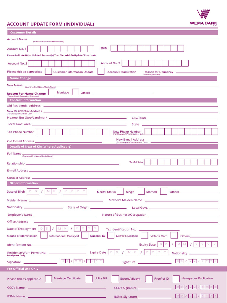Wema Account-Update-Form (3) (1) 1 | PDF | Identity Document ...
