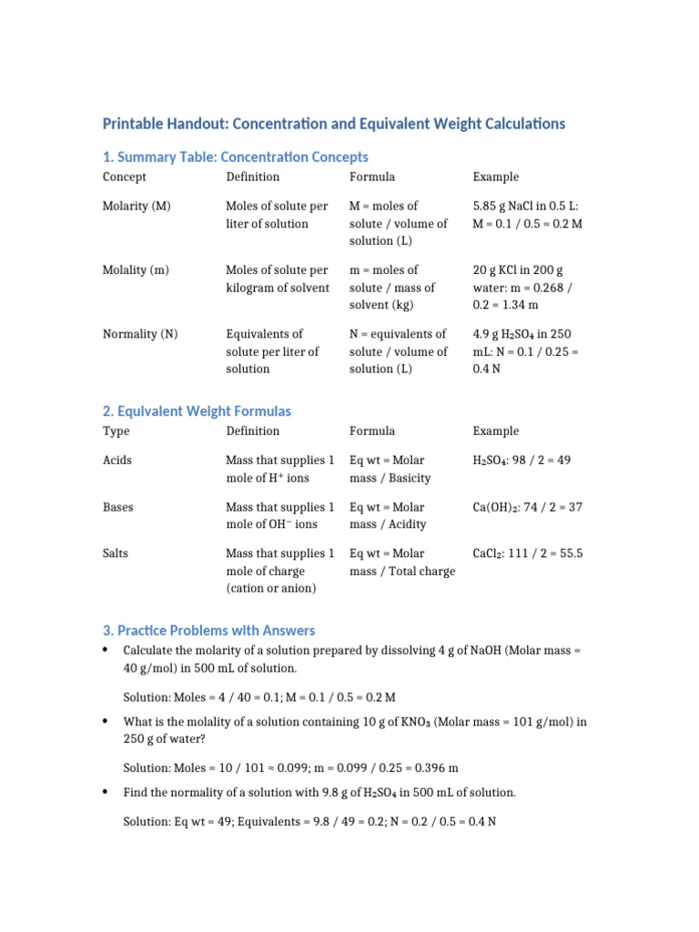 Concentration Equivalent Weight Handout | PDF | Mole (Unit) | Concentration