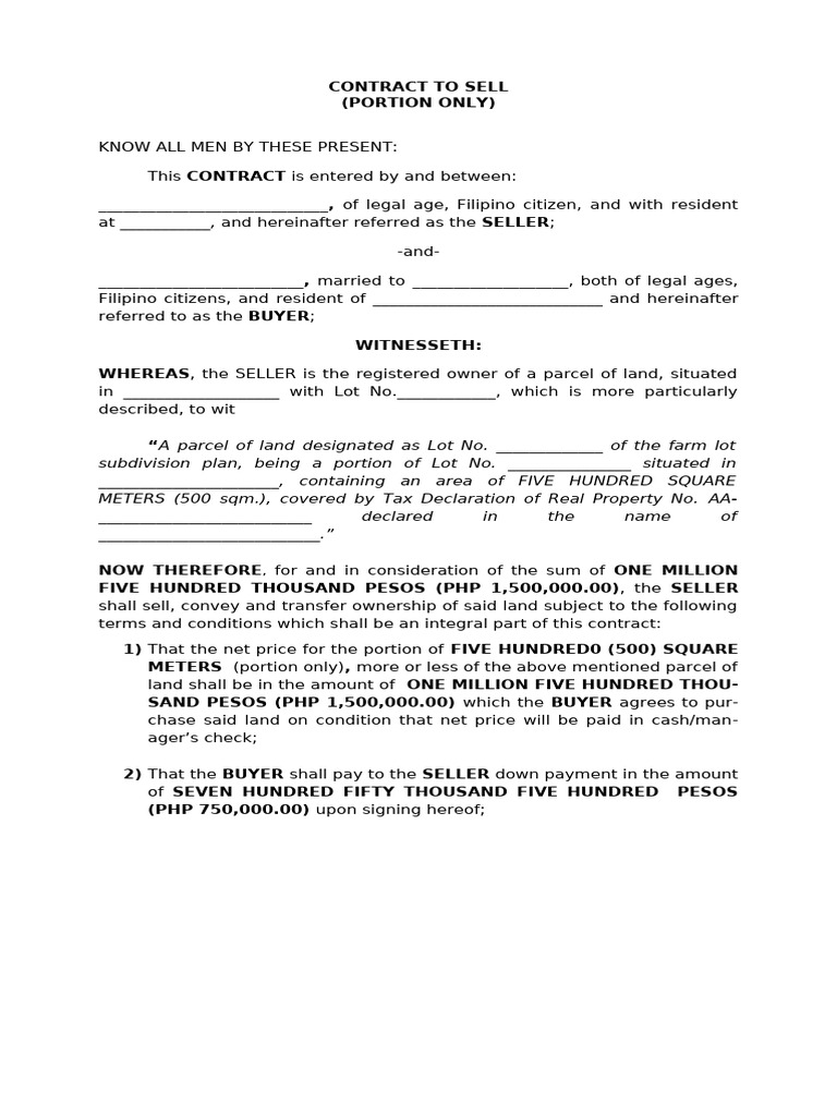 Contract to Sell 500 sqm Land Portion | PDF | Prices | Private Law
