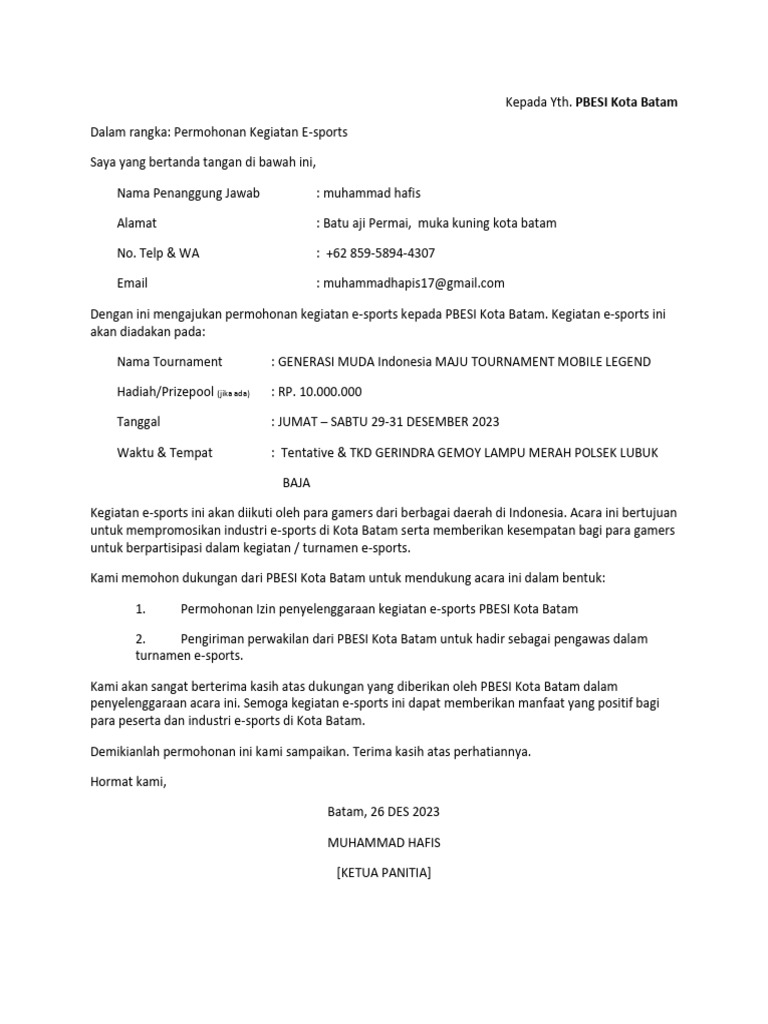 PERMOHONAN KEGIATAN TOURNAMENT MLBC X Kyez - PBESI KOTA BATAM 2 | PDF