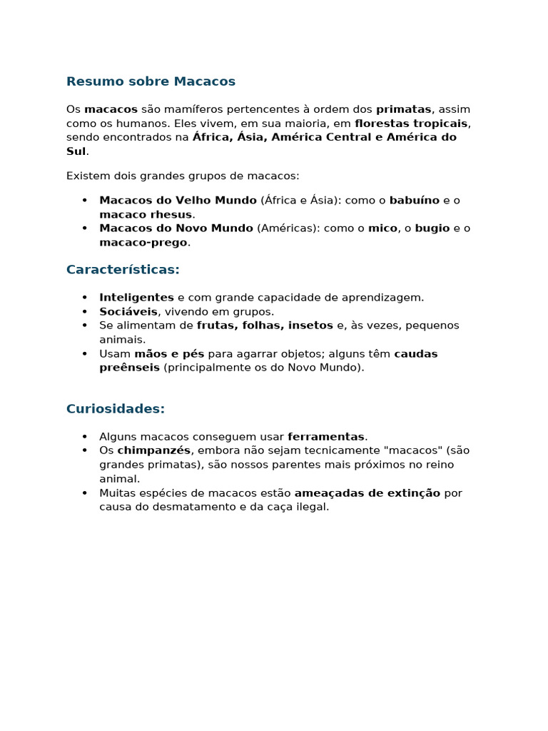 Resumo Sobre Macacos, Feitos Por Ia Desculpe | PDF