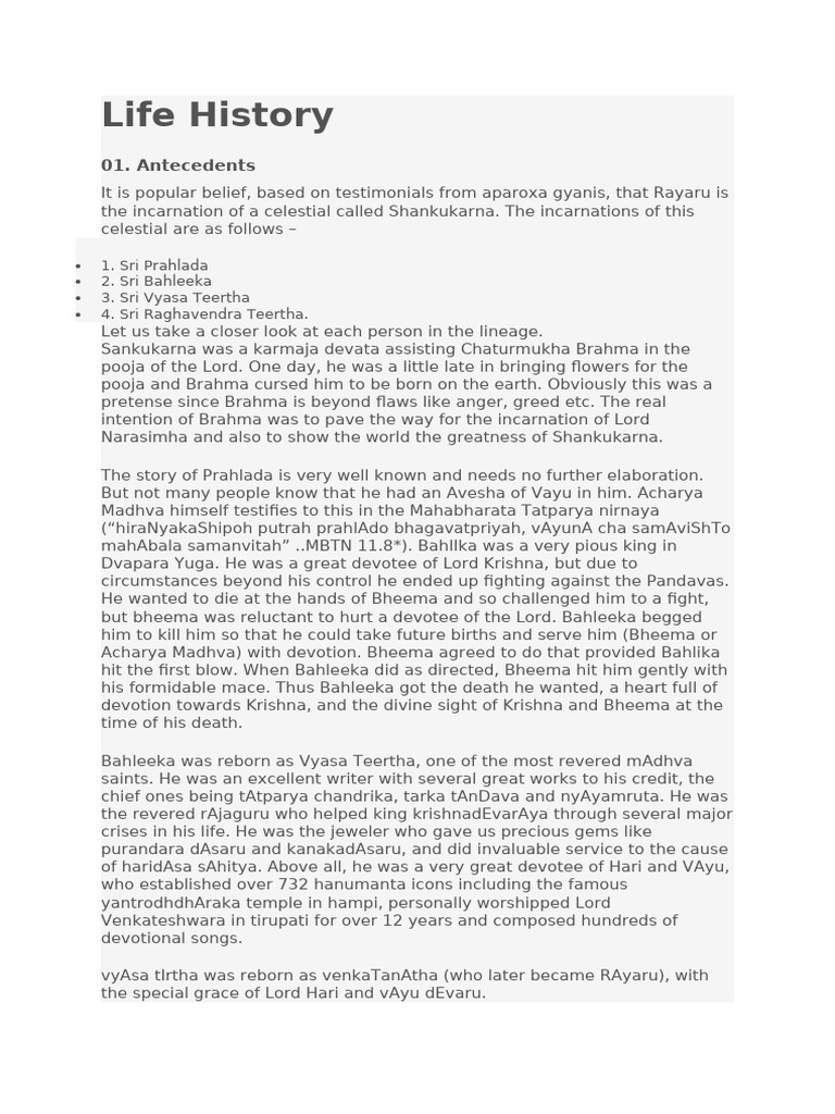 Life History- Rayaru | PDF