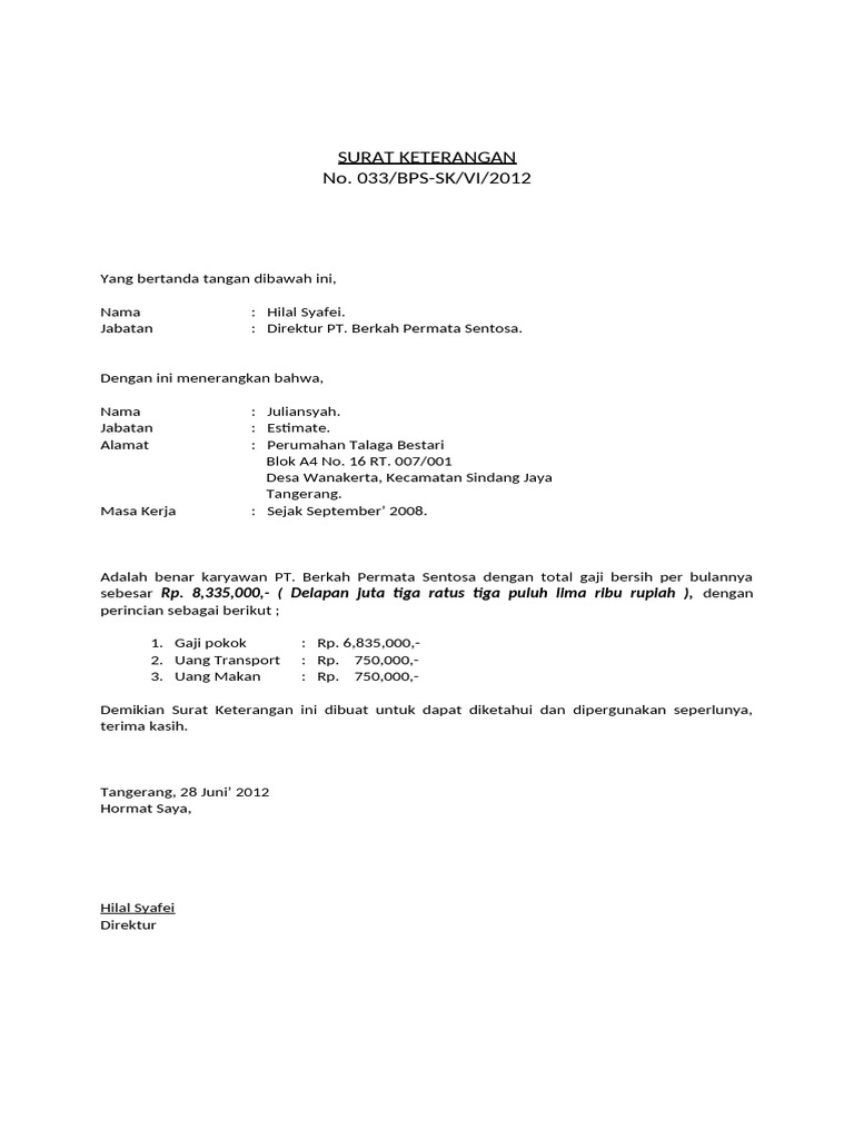 Surat Keterangan Kerja-BPS | PDF
