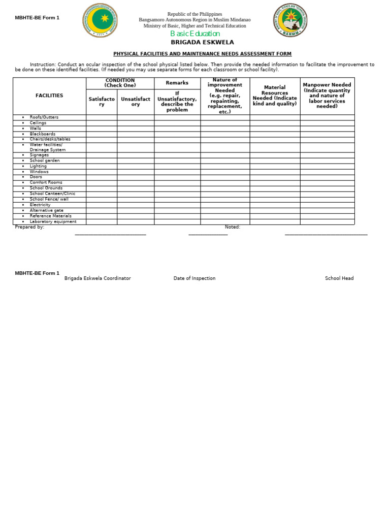 Be Form 1 Physical Facilities and Maintenance Needs Assessment Form | PDF