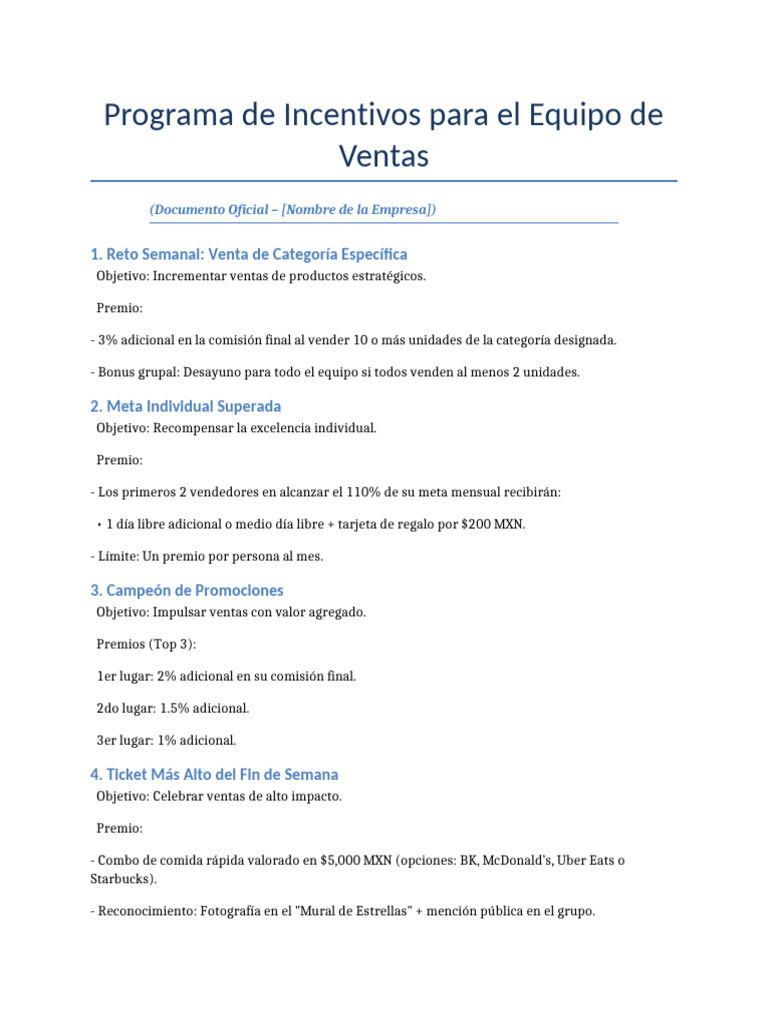 Programa Incentivos Equipo Ventas | PDF