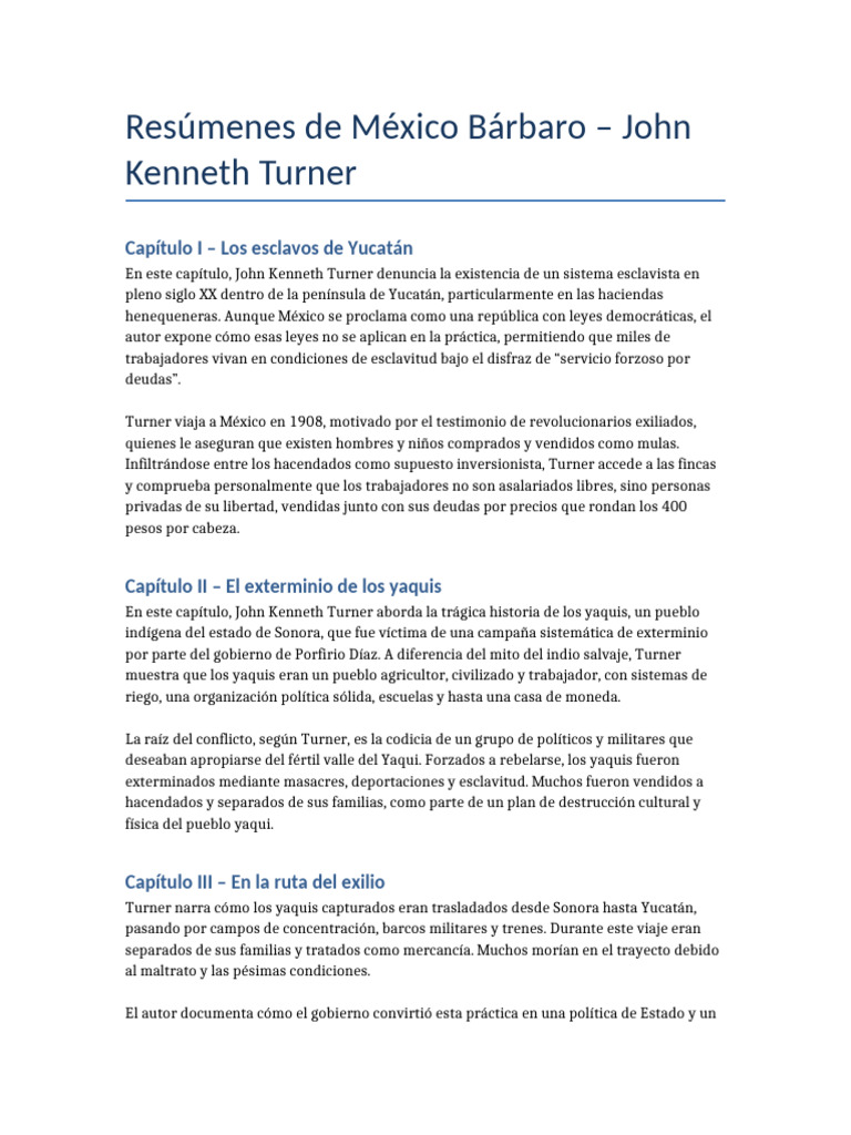 Resumenes Mexico Barbaro John Kenneth Turner | PDF | Esclavitud | México