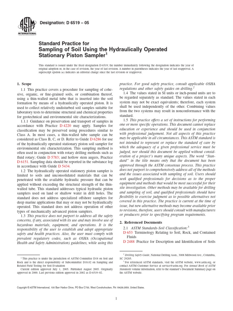 ASTM Soil Sampling with Piston Sampler | PDF | Pump | Borehole