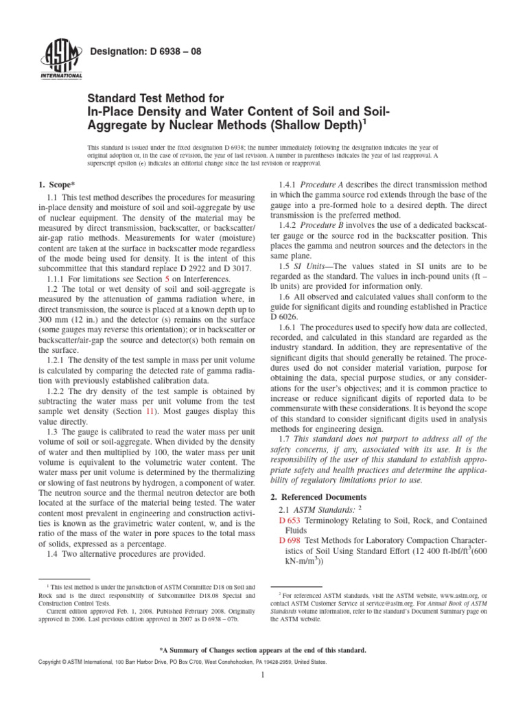 ASTM D6938: In-Place Density Testing | PDF | Physical Sciences