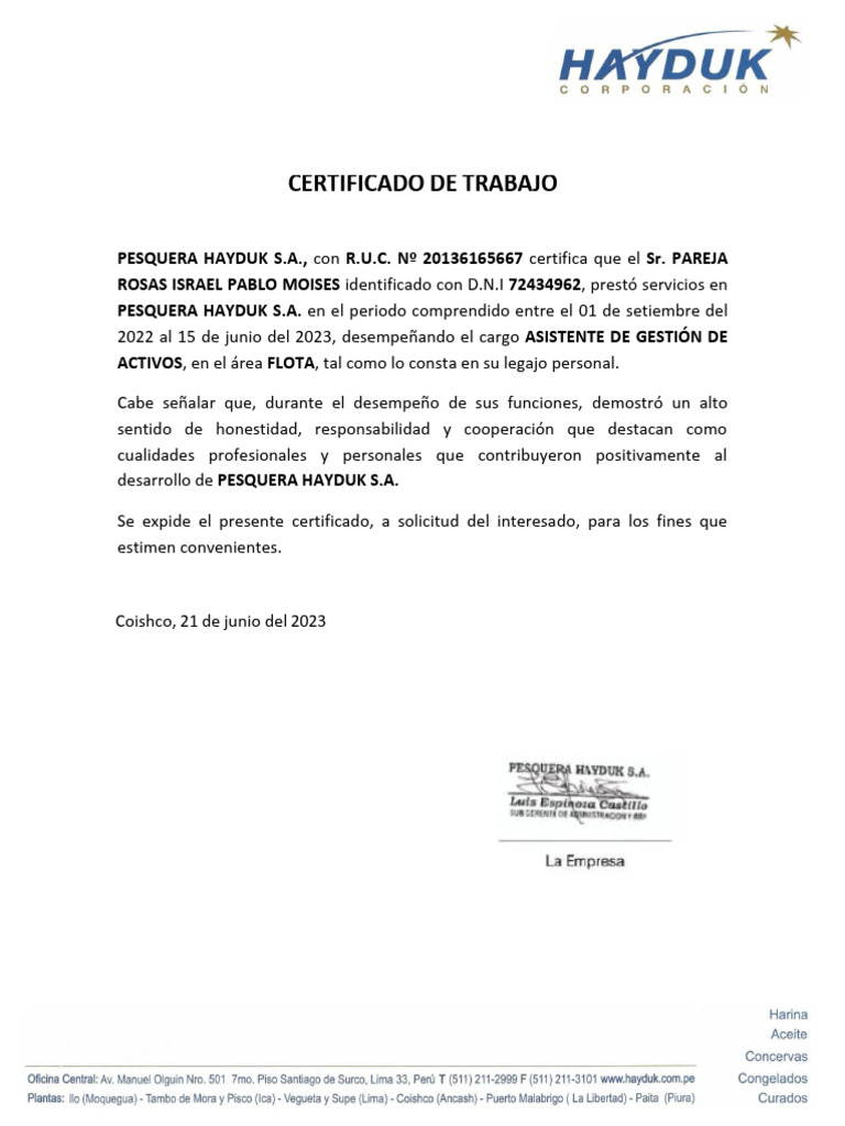 Certificado de Trabajo en Hayduk S.A. | PDF