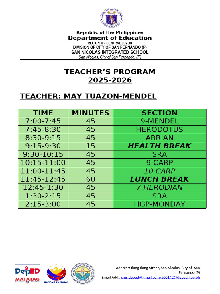 Sample Class Program For Teachers | PDF