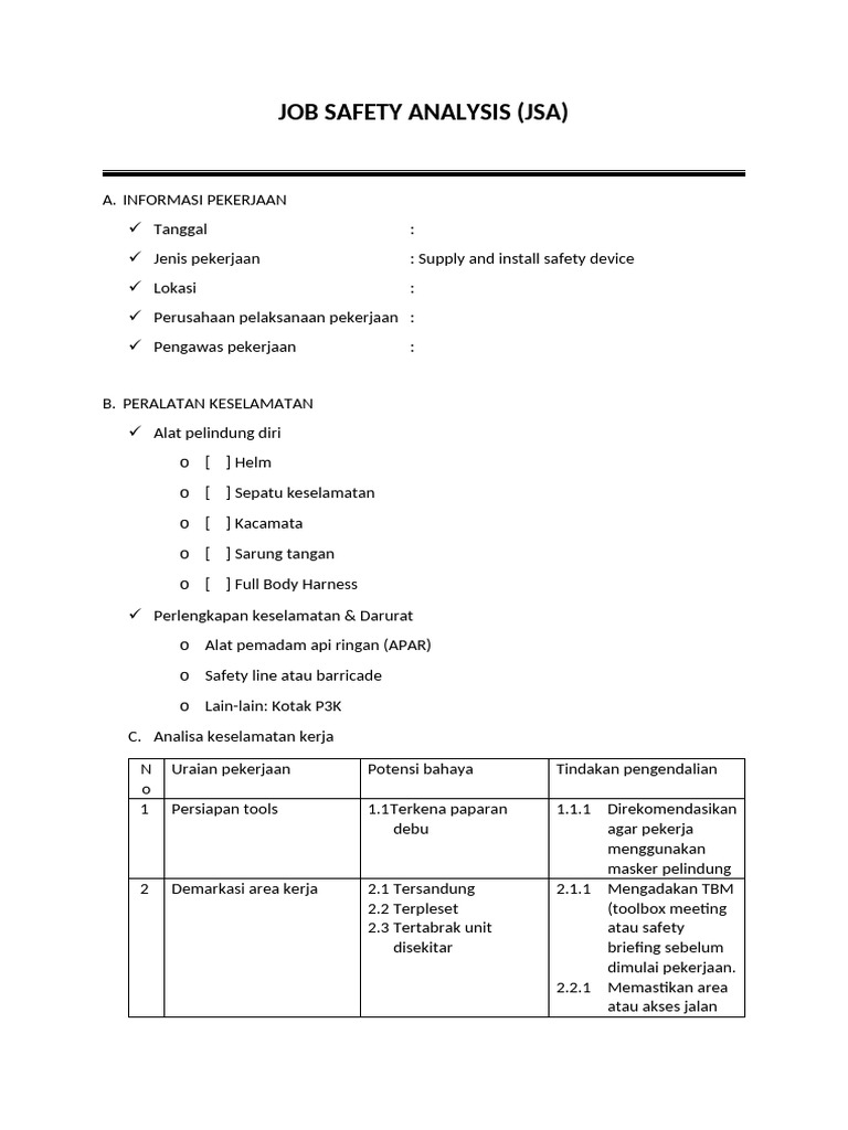 Contoh JSA untuk Pekerjaan Mekanik | PDF
