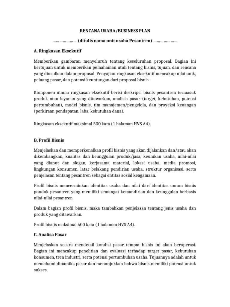 Format Penulisan Rencana Usaha-Business Plan | PDF