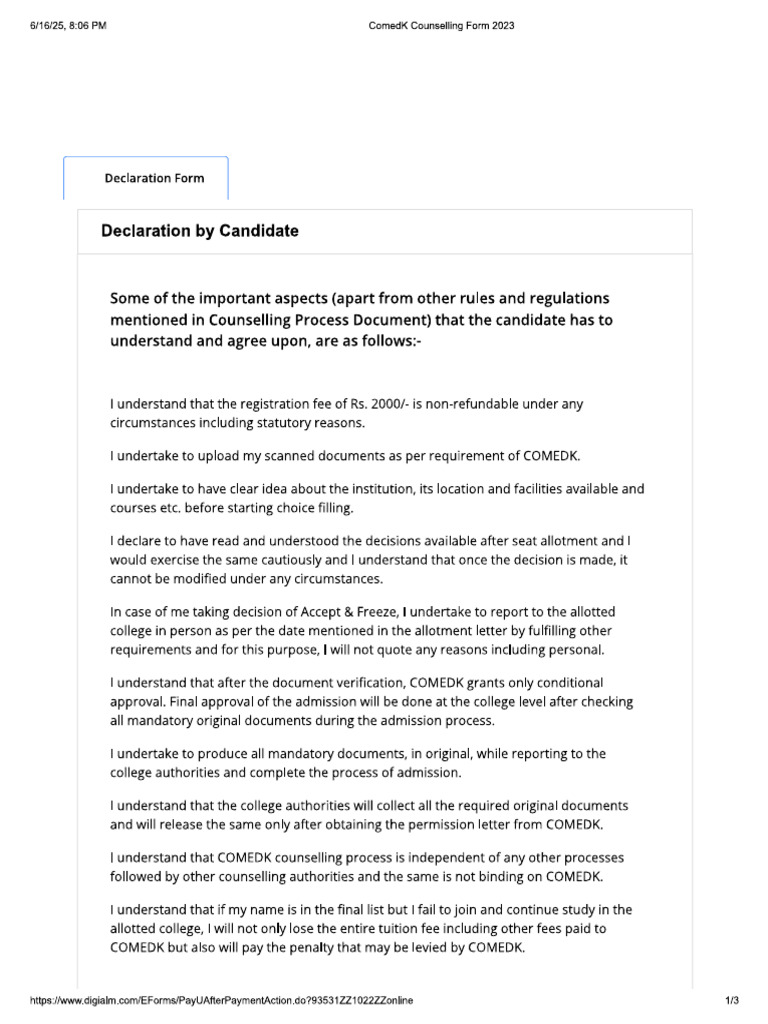 Comedk Instructions | PDF