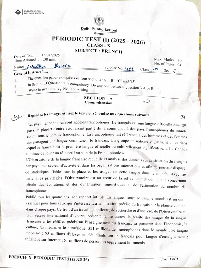 French Pt-1 25-26 Class 10th DPS Bhopal | PDF