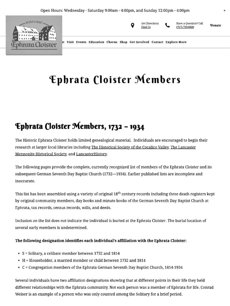 Ephrata Cloister Members - Historic Ephrata Cloister | PDF