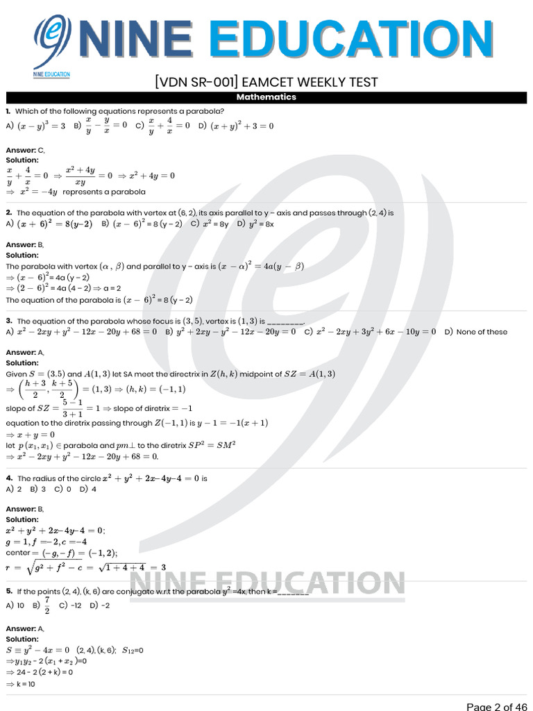 (VDN Sr-001) Eamcet Weekly Test Solutions and Results | PDF | Euclid ...