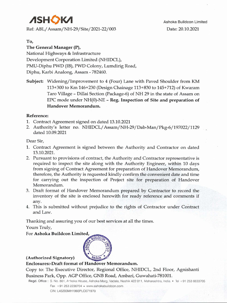Letter - 03 Reg. Inspection of Site and Preparation of Handover ...