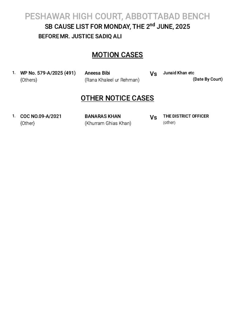 Peshawar High Court Cause List June 2, 2025 | PDF