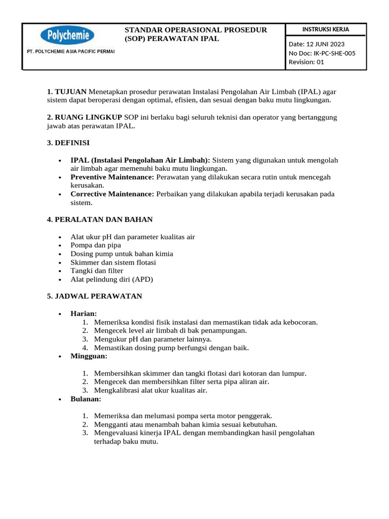 Standar Operasional Prosedur Perawatan Ipal | PDF