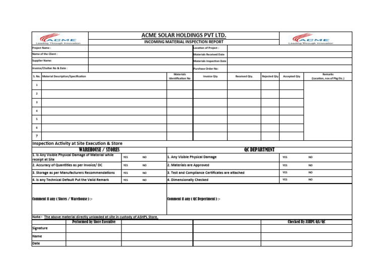 Incoming Material Inspection Report | PDF