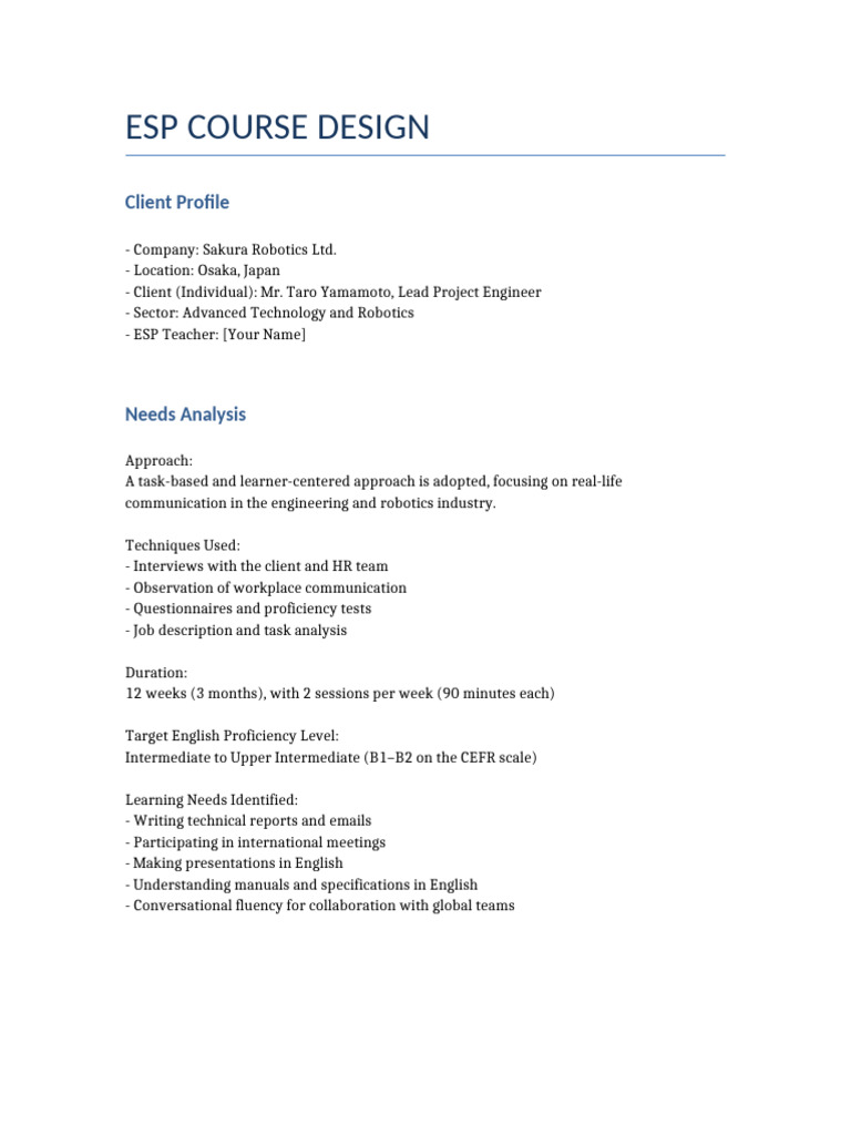 ESP Course Design Sakura Robotics | PDF | Language Education | Cognition