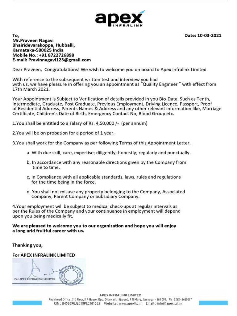 Praveeen Nagavi Offer Letter - APEX | PDF