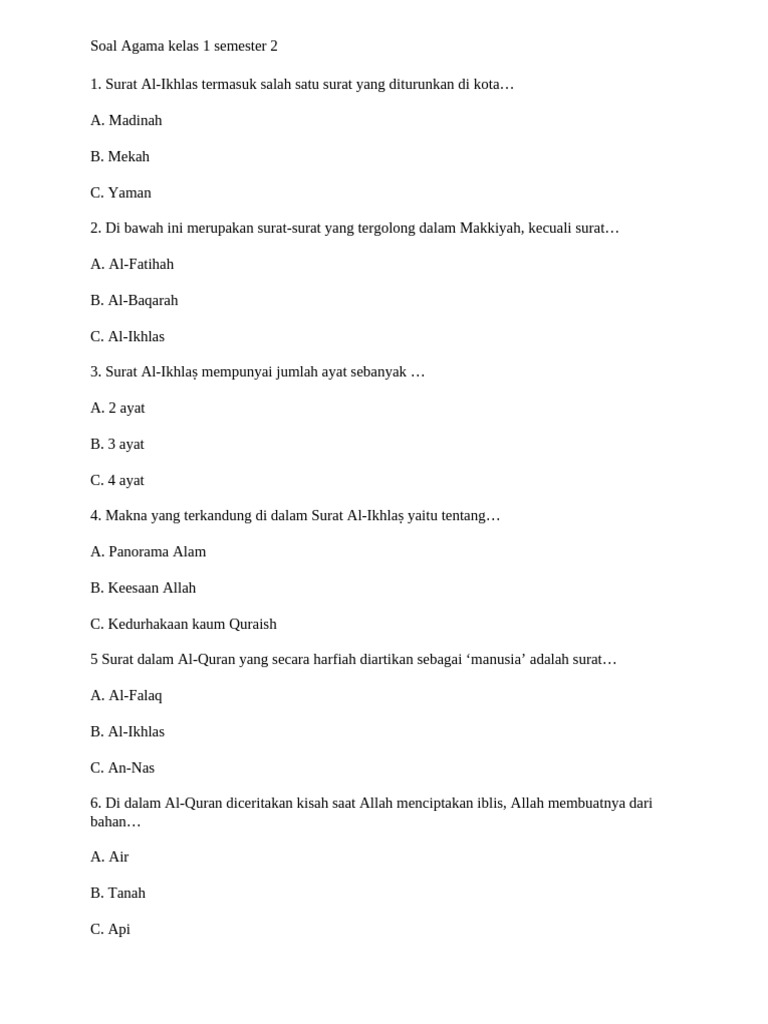 Soal Agama Kelas 1 Semester 2 | PDF