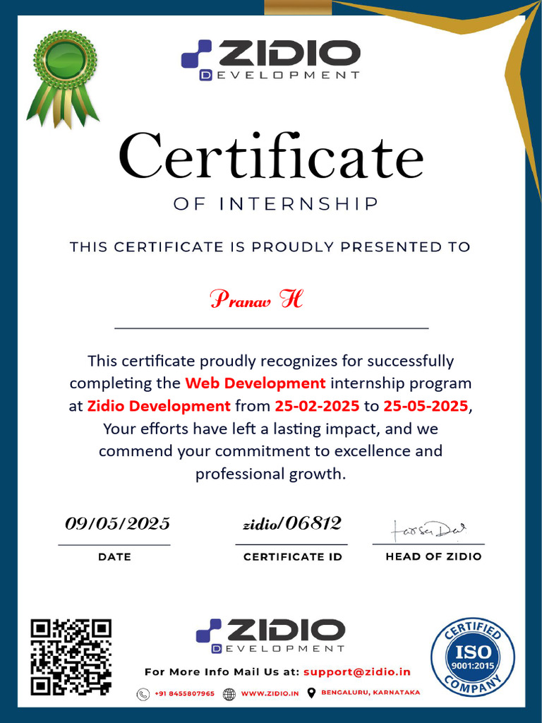 Zidio Development Web Internship Certificate | PDF