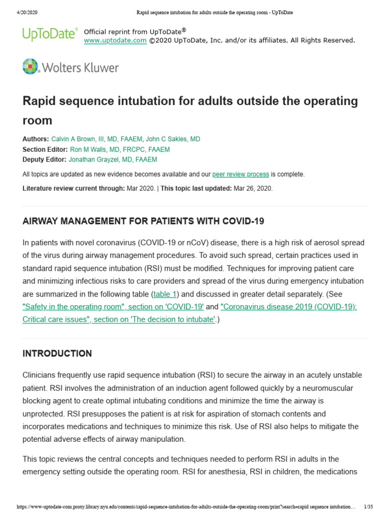 Rapid Sequence Intubation For Adults Outside The Operating Room ...