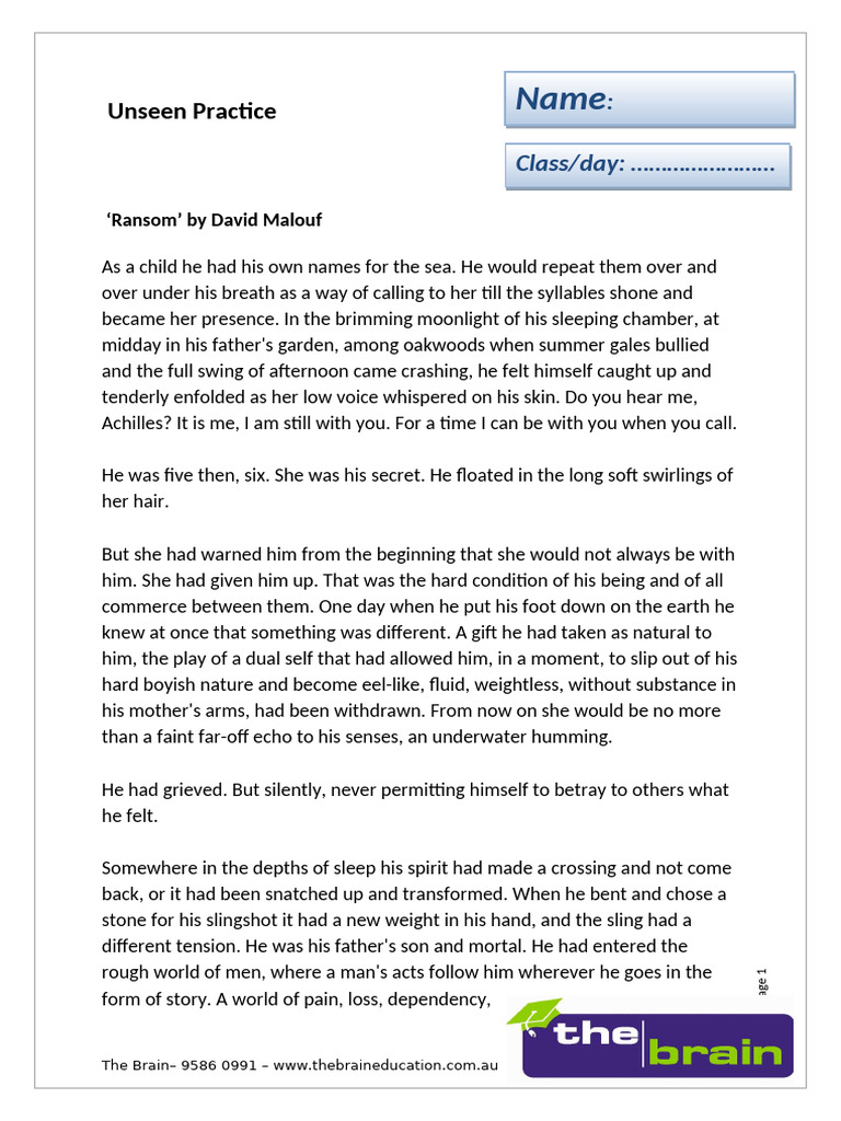 Unseen Practice - Ransom - David Malouf | PDF